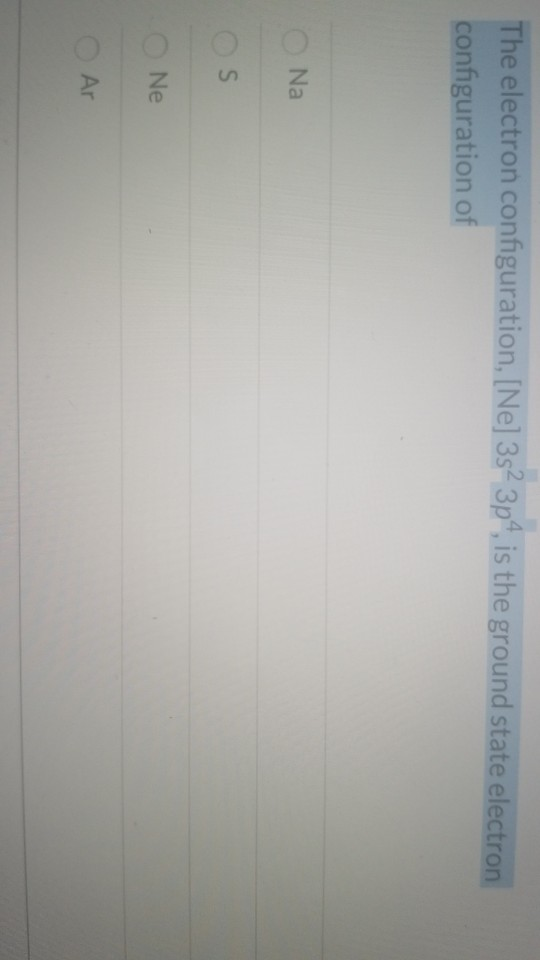 Solved The electron configuration, [Ne] 3s 3p4, is the | Chegg.com