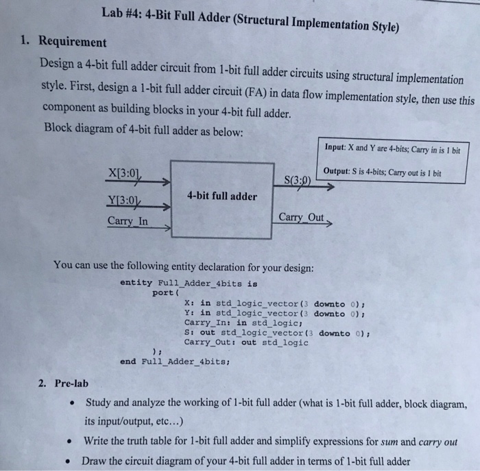 Solved Lab #4: 4-Bit Full Adder Structural Implementation | Chegg.com