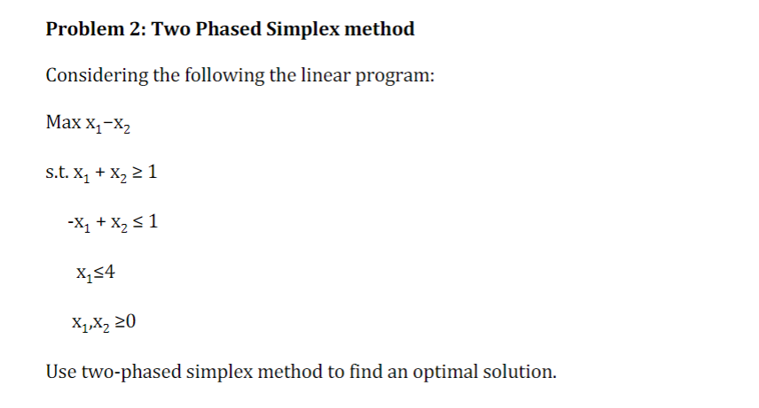 Solved Problem 2: Two Phased Simplex method Considering the | Chegg.com