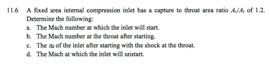 Solved 11.6 A fixed area internal compression inlet has a | Chegg.com