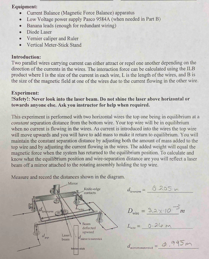 Solved Equipment: - Current Balance (Magnetic Force Balance) | Chegg.com