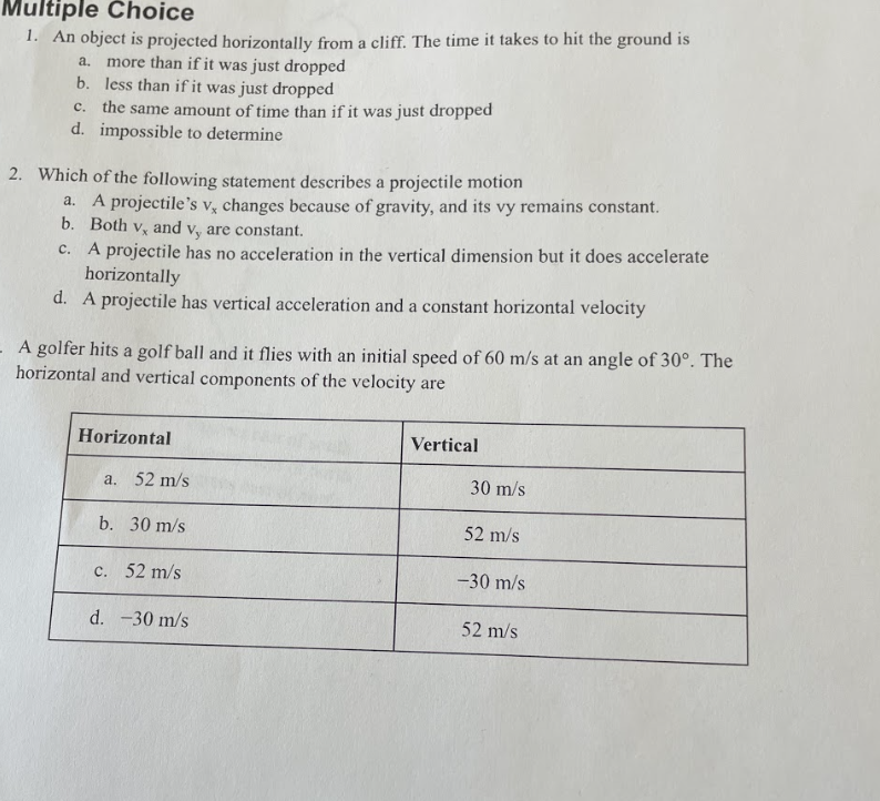 Solved 1. An object is projected horizontally from a cliff. | Chegg.com