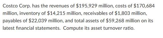 Solved Costco Corp. has the revenues of $195,929 million, | Chegg.com