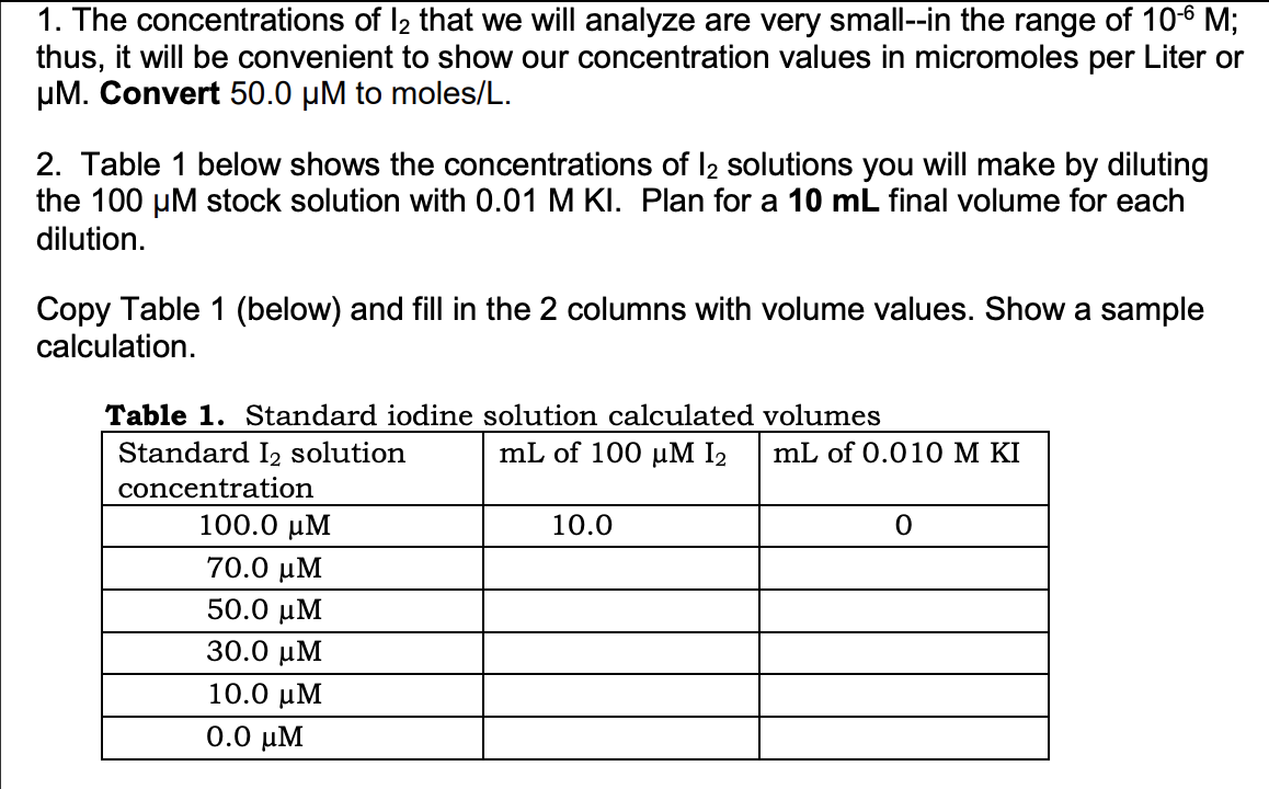 Solved 1. The concentrations of I2 that we will analyze are | Chegg.com