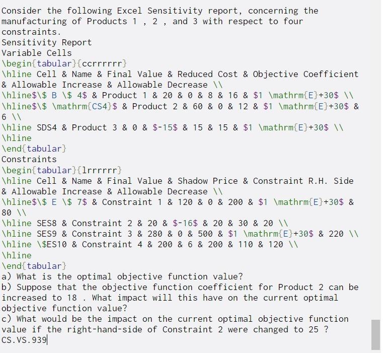 Solved Consider the following Excel Sensitivity report, | Chegg.com