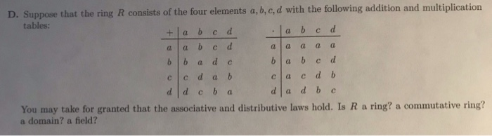 Solved D. Suppose that the ring R consists of the four | Chegg.com