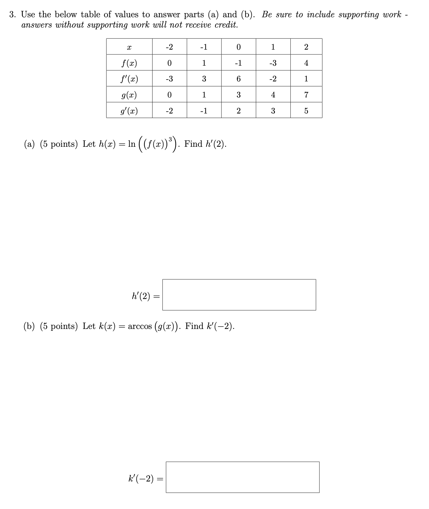 Solved Use the below table of values to answer parts (a) | Chegg.com