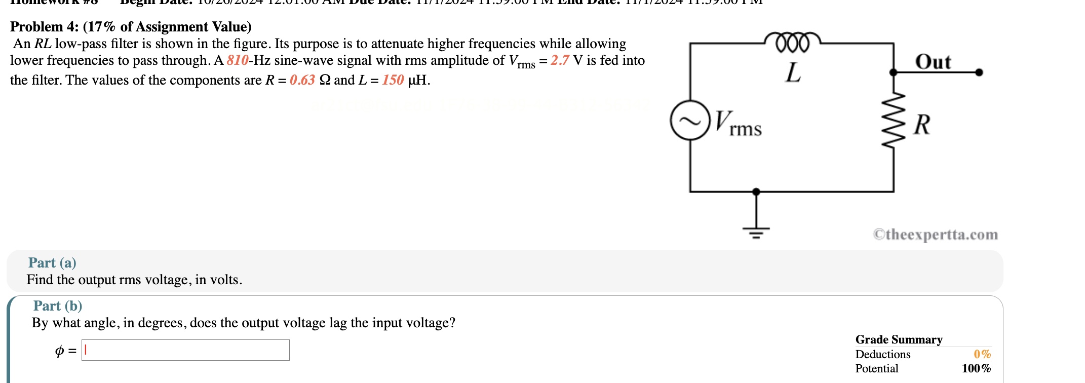 Solved Problem 4: (17% of ﻿Assignment Value)An RL ﻿low-pass | Chegg.com