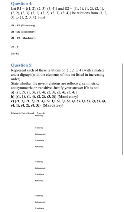 Solved Question 1: List the ordered pairs in the relations | Chegg.com