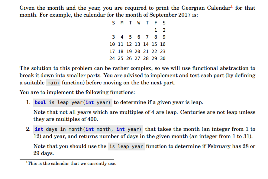 Solved Given the month and the year, you are required to | Chegg.com