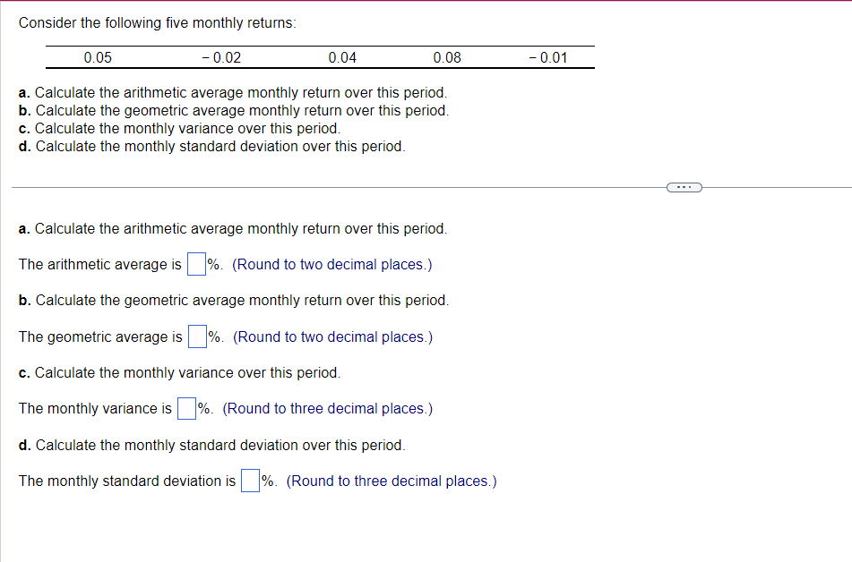 Solved Consider the following five monthly returns: a. | Chegg.com