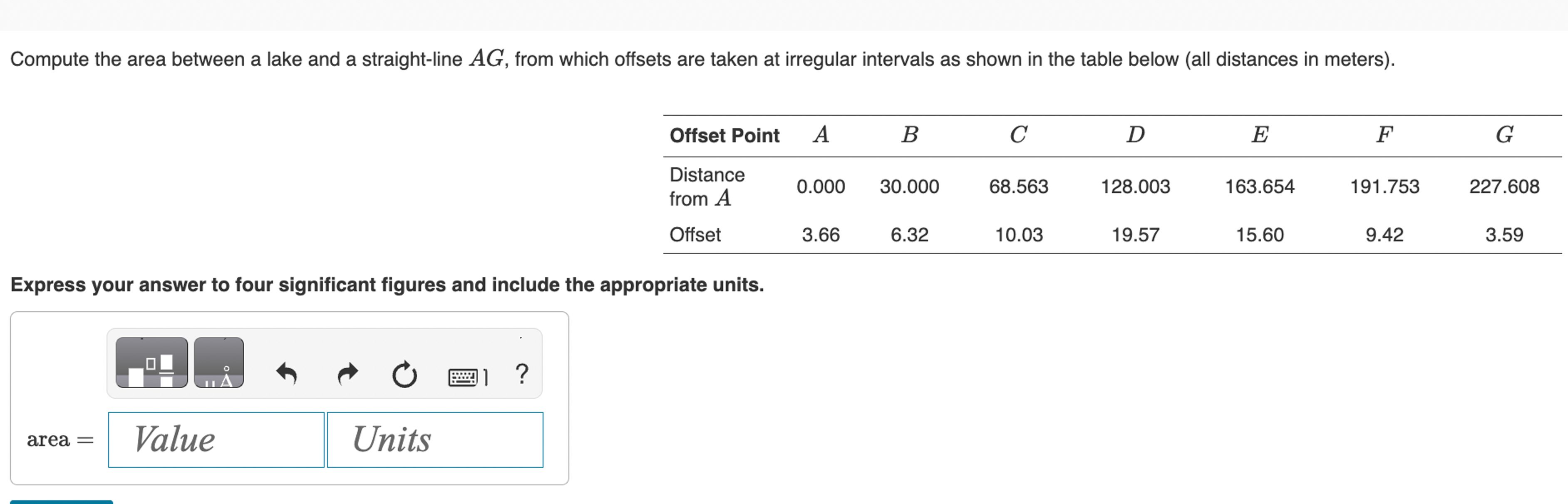 Solved Compute the area between a lake and a straight-line | Chegg.com