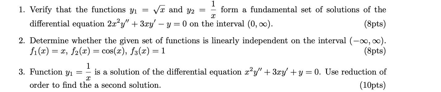 Solved 1 1. Verify that the functions yi = Vu and y2 = form | Chegg.com