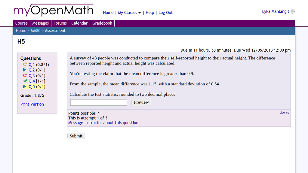 Solved myOpenMath Home I My Classes Help | Log Out Lyka | Chegg.com