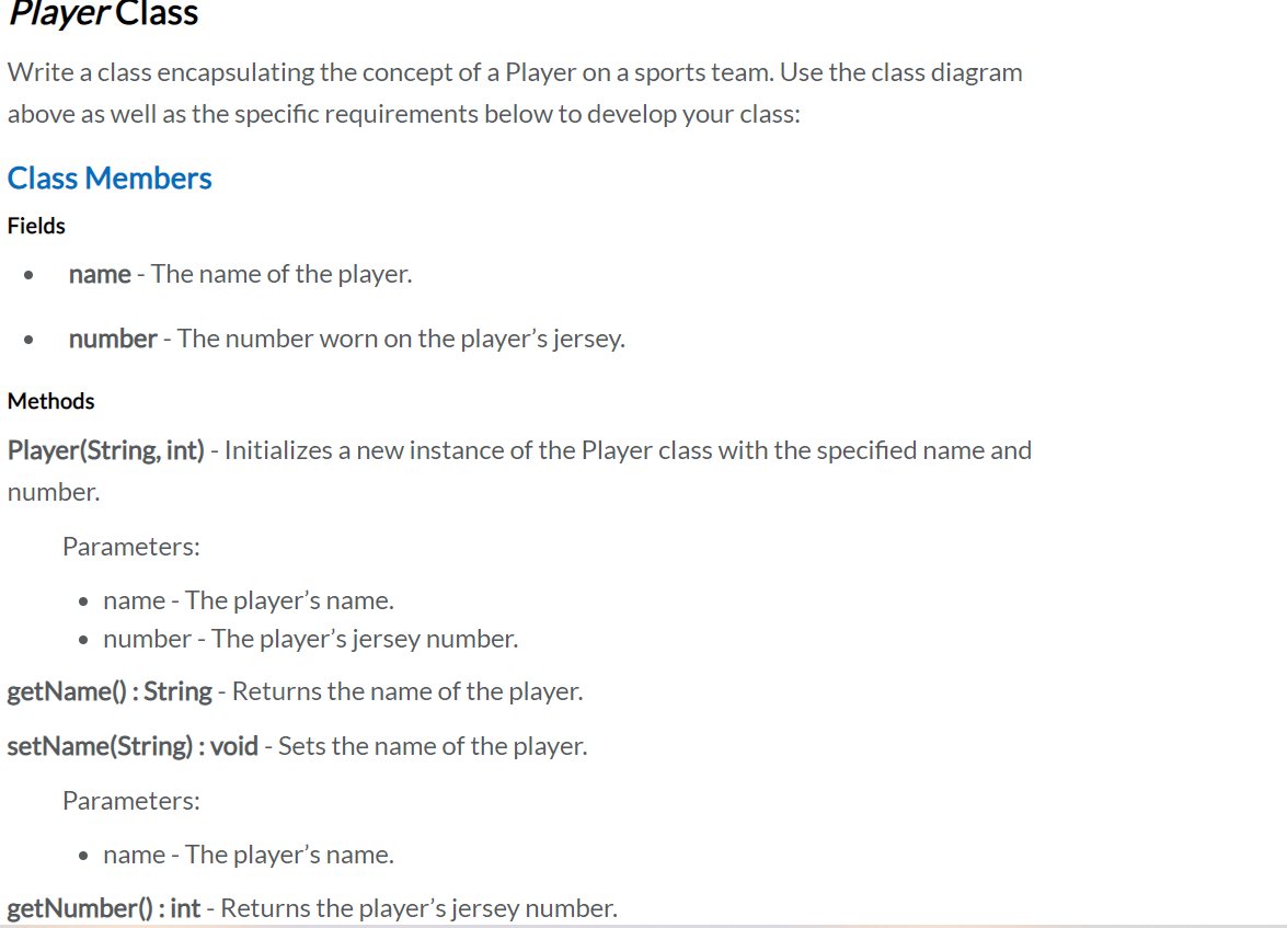 Solved →Player Class Write a class encapsulating the concept | Chegg.com