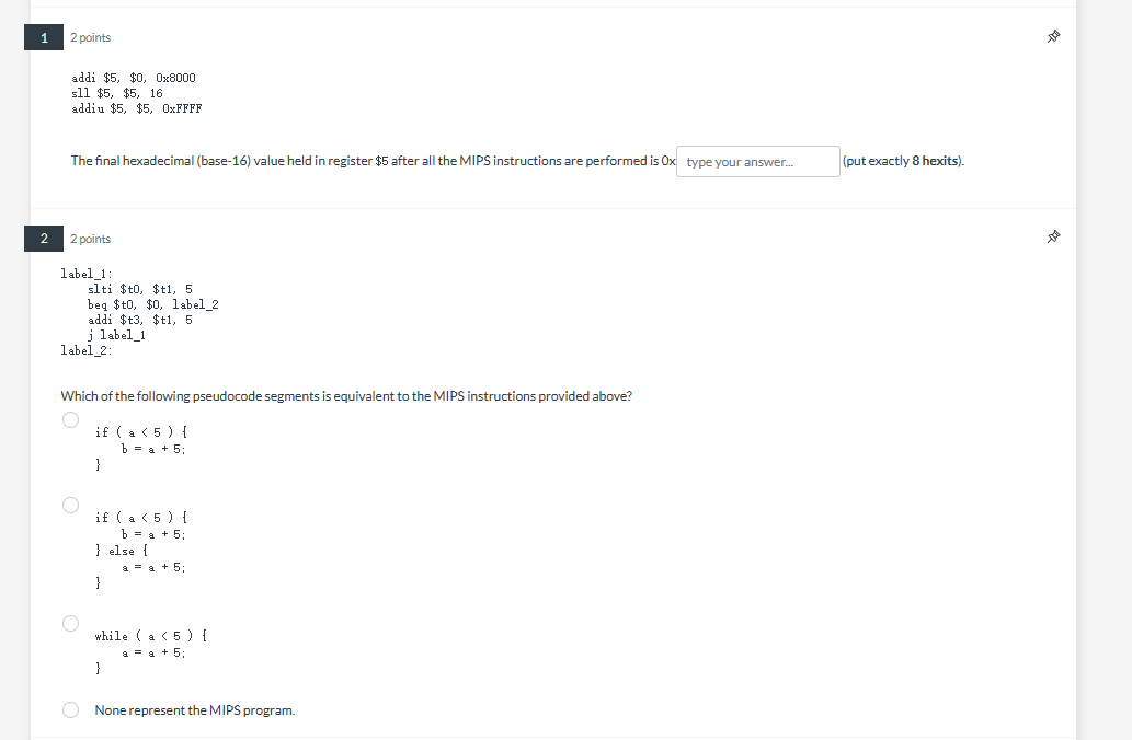 Solved 2 points addi $5,$0,0×8000 sll $5,$5,16 addiu | Chegg.com
