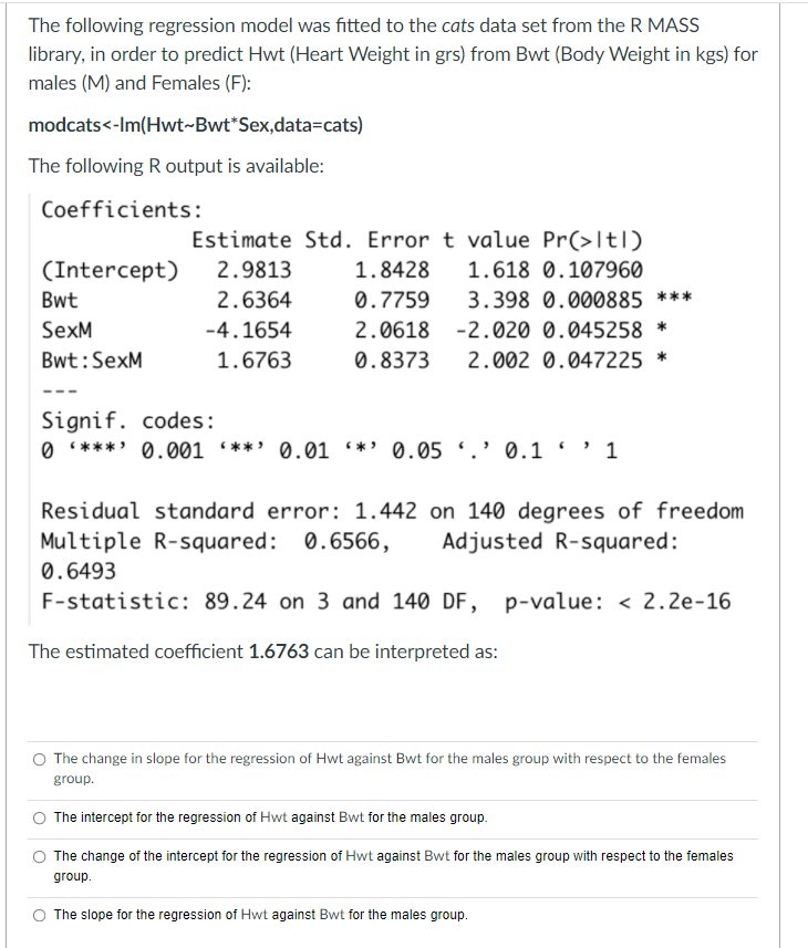Solved The following regression model was fitted to the cats | Chegg.com