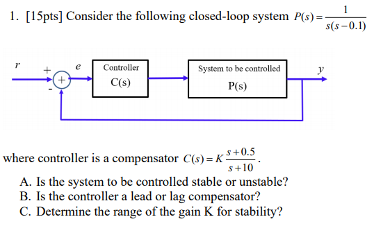 Solved 1. [15pts] Consider the following closed-loop system | Chegg.com