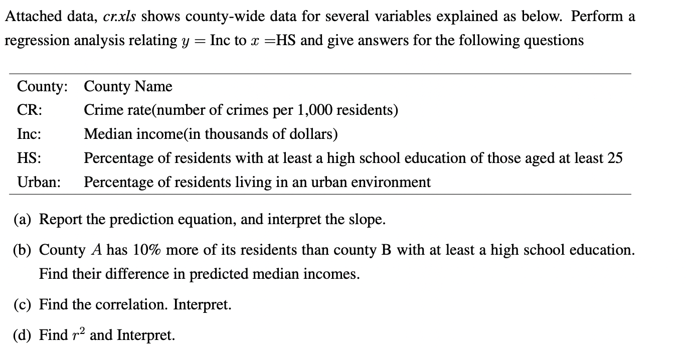 Solved Attached data, cr.xls shows county-wide data for | Chegg.com