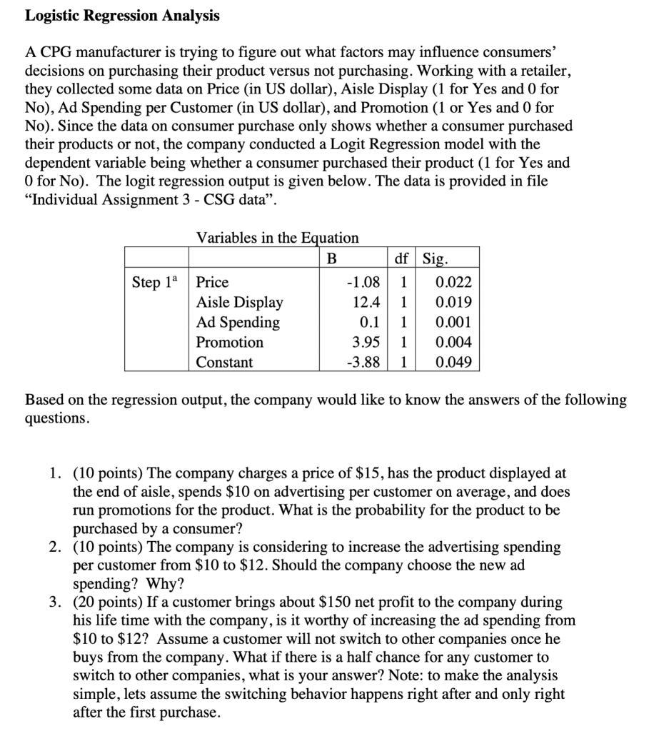Solved Logistic Regression Analysis A CPG manufacturer is | Chegg.com