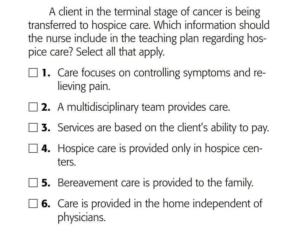 Solved A client in the terminal stage of cancer is being | Chegg.com