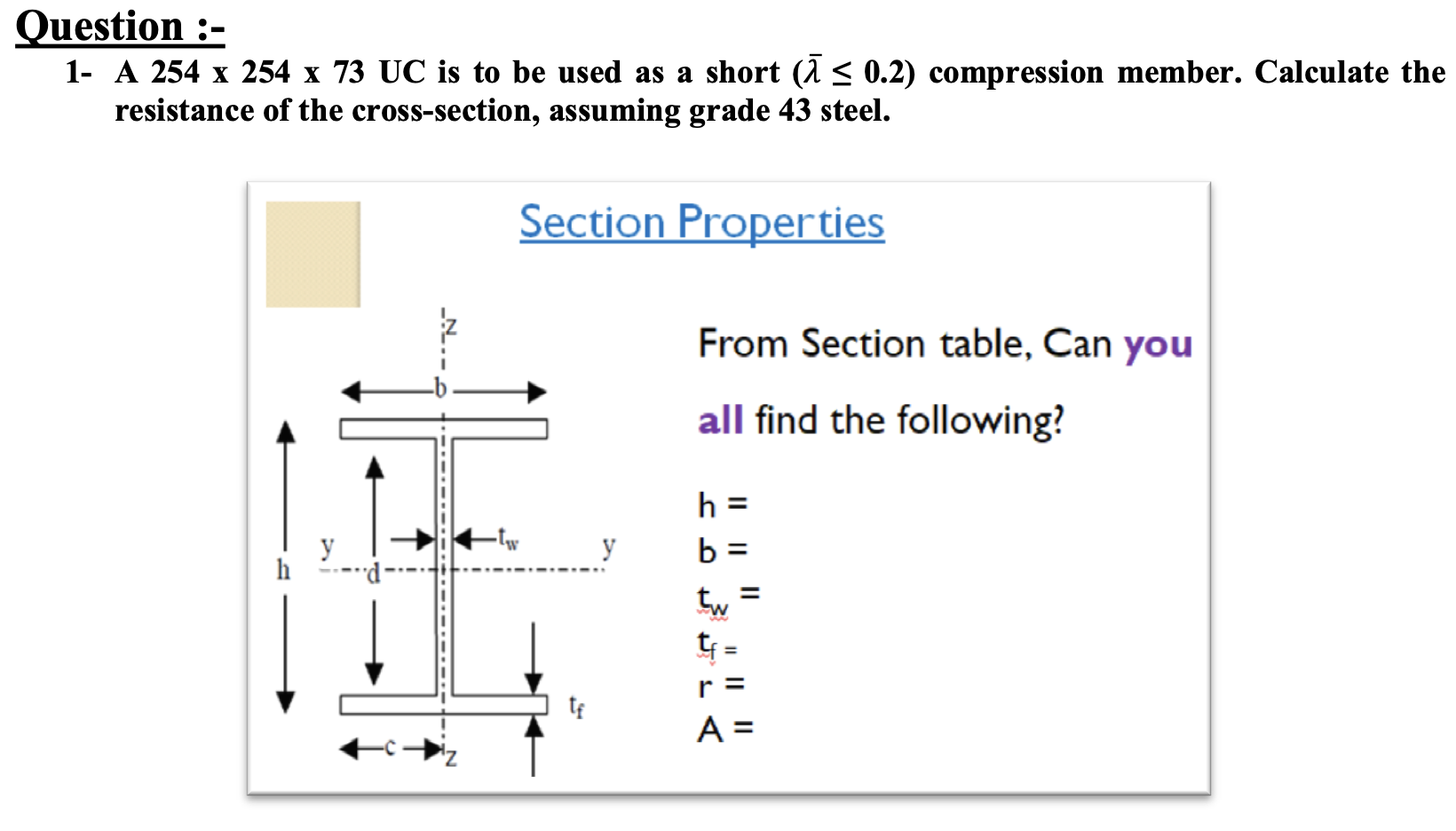 Solved Question :- 1- A 254 x 254 x 73 UC is to be used as a | Chegg.com