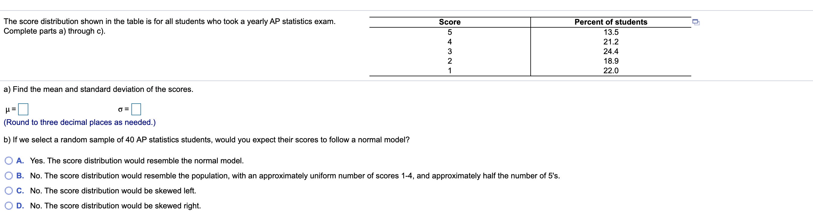 Solved The score distribution shown in the table is for all | Chegg.com
