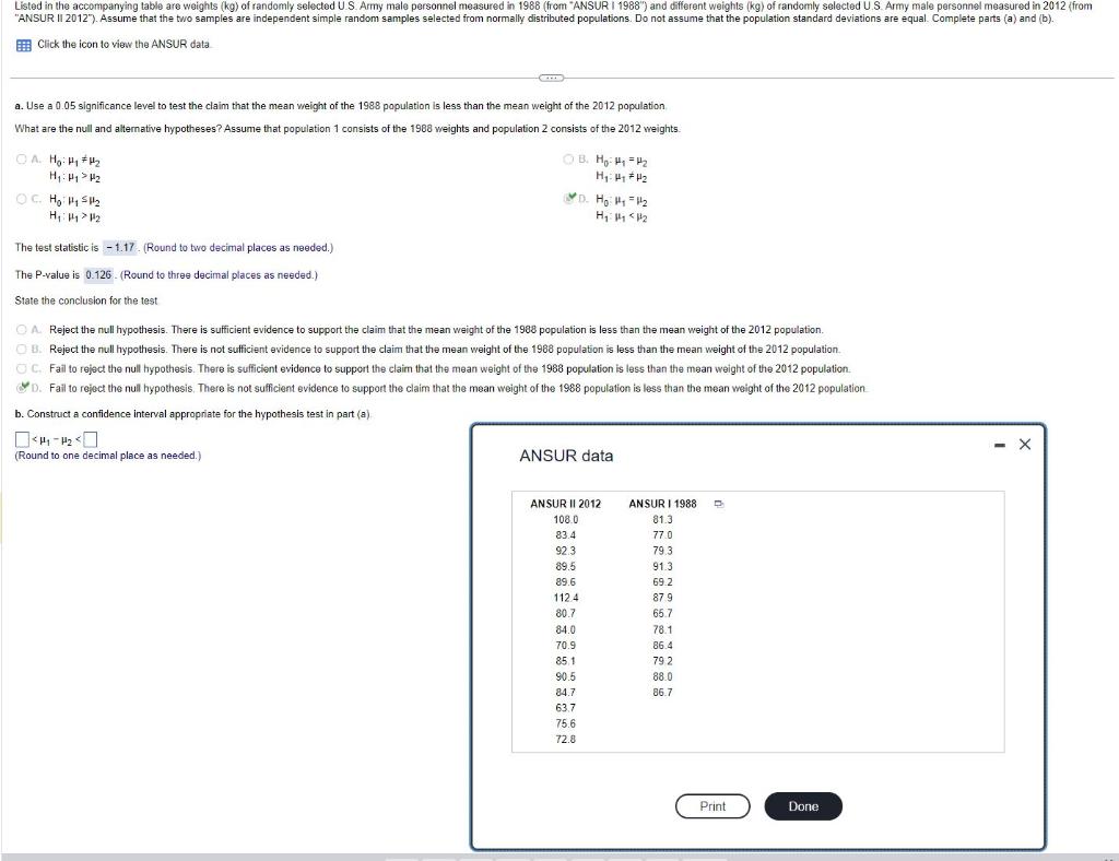 Solved Click the icon to view the ANSUR data a. Use a 0.05 | Chegg.com