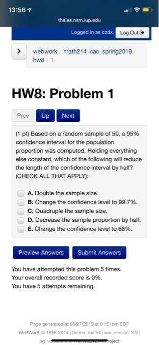 Solved 13:56 Logged in as czdx Log Out G > webwork math214 | Chegg.com