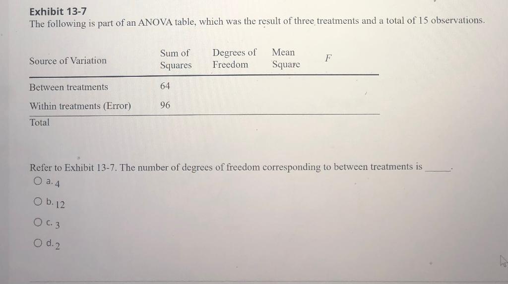 Solved Exhibit 13-7 The following is part of an ANOVA table, | Chegg.com