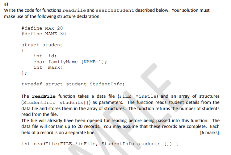 [C LANGUAGE] Write the code for functions readFile | Chegg.com