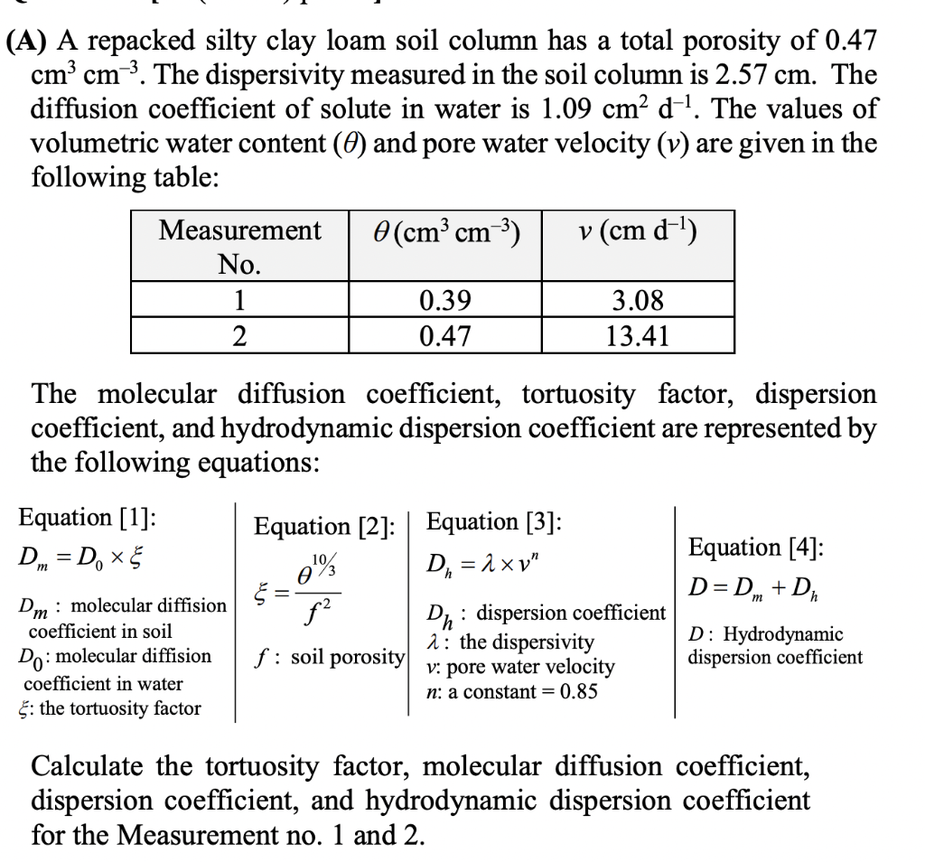 Solved (A) A repacked silty clay loam soil column has a | Chegg.com
