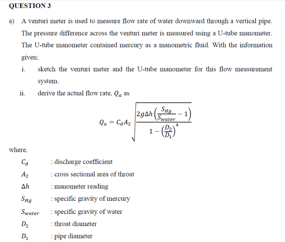 Solved a) A venturi meter is used to measure flow rate of | Chegg.com