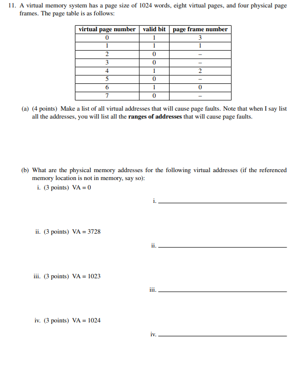 Solved 11. A virtual memory system has a page size of 1024 | Chegg.com