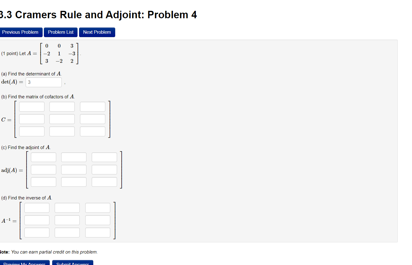 Solved 3.3 Cramers Rule and Adjoint: Problem 4 Previous | Chegg.com