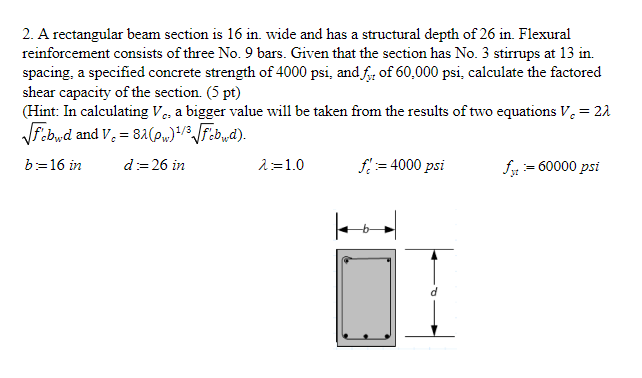 Solved 2. A rectangular beam section is 16 in. wide and has | Chegg.com