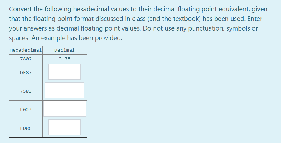 Solved Convert the following hexadecimal values to their | Chegg.com