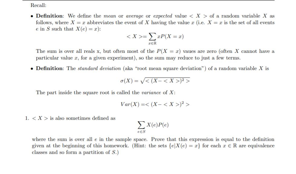 Solved Recall: • Definition: We define the mean or average | Chegg.com