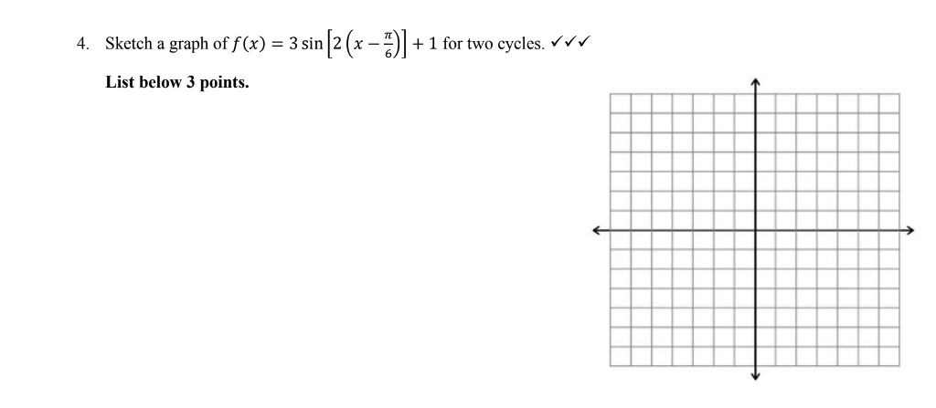 Solved 4. Sketch a graph of fCx) - 3sin 2(x1 for two cycles. | Chegg.com