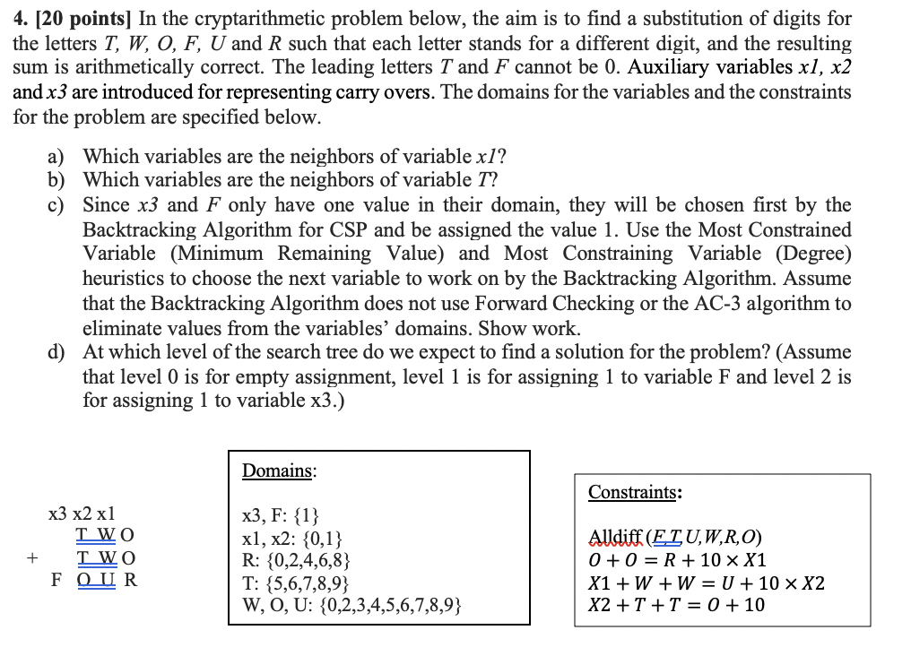 Solved 4 20 Points In The Cryptarithmetic Problem Below Chegg