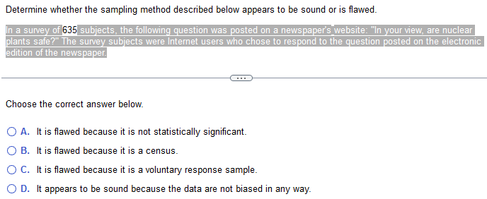 Solved Determine whether the sampling method described below | Chegg.com