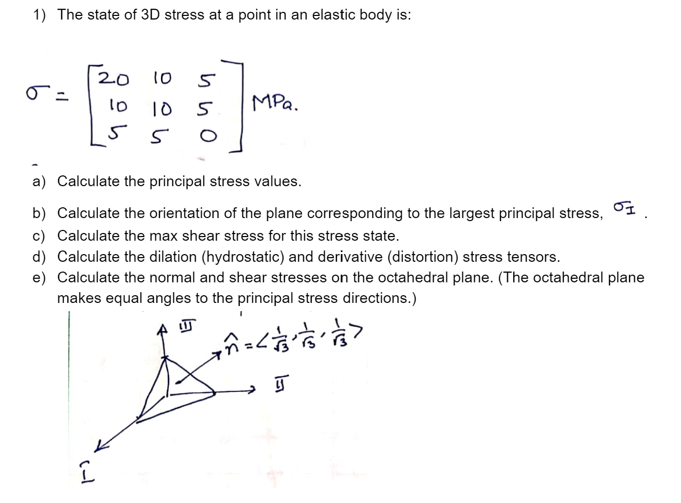 Solved 1) The state of 3D stress at a point in an elastic | Chegg.com
