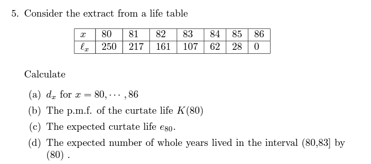 5. Consider the extract from a life table Calculate | Chegg.com