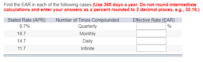Solved Find the EAR in each of the following cases (Use 365 | Chegg.com