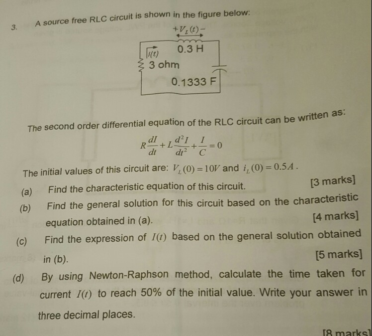 Solved A source free RLC circuit is shown in the figure | Chegg.com