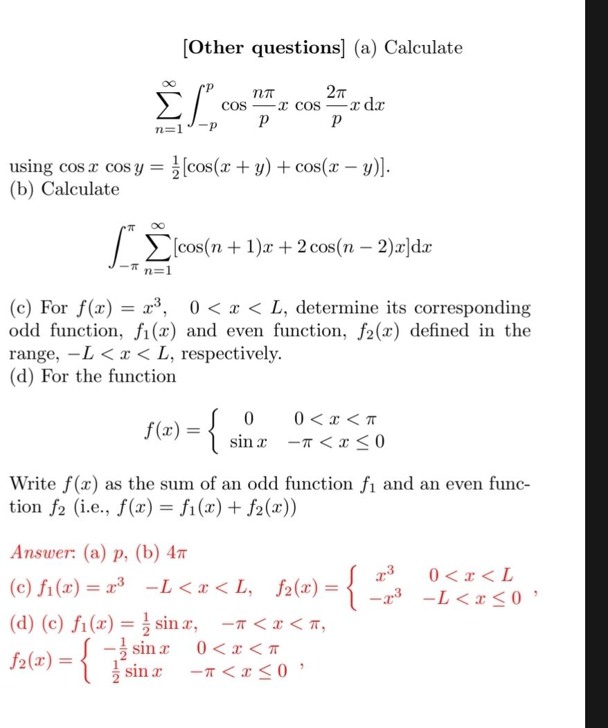 Solved [Other questions] (a) Calculate ∞ nπ 2π ΣΙ -X COS -x | Chegg.com