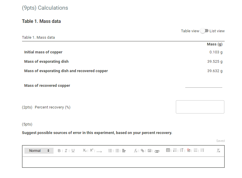 Solved (9pts) Calculations Table 1. Mass data Table view | Chegg.com