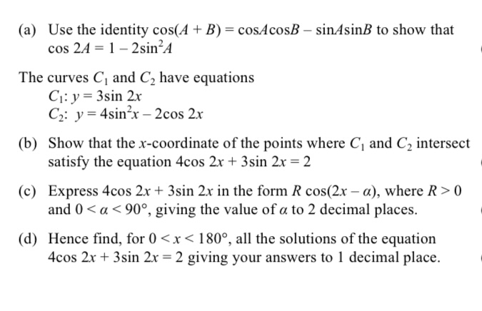 Solved (a) ﻿Use the identity cos(A+B)=cosAcosB-sinAsinB ﻿to | Chegg.com