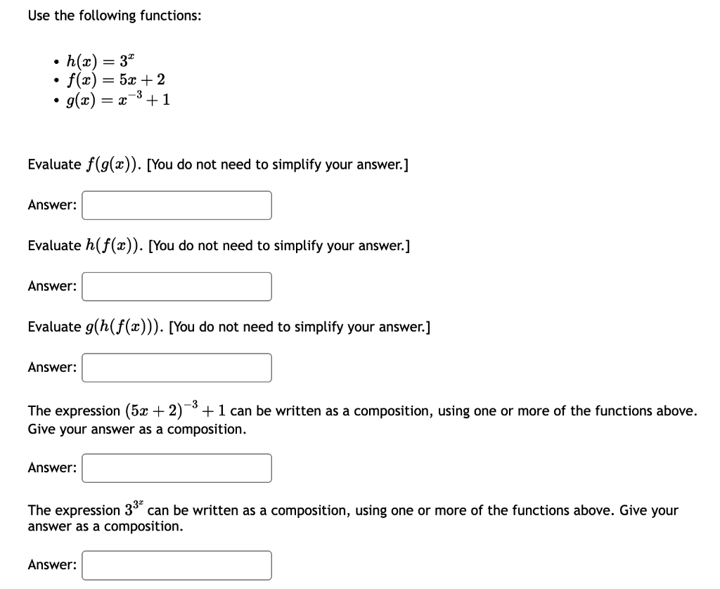 Solved Use the following functions: - h(x)=3x - f(x)=5x+2 - | Chegg.com