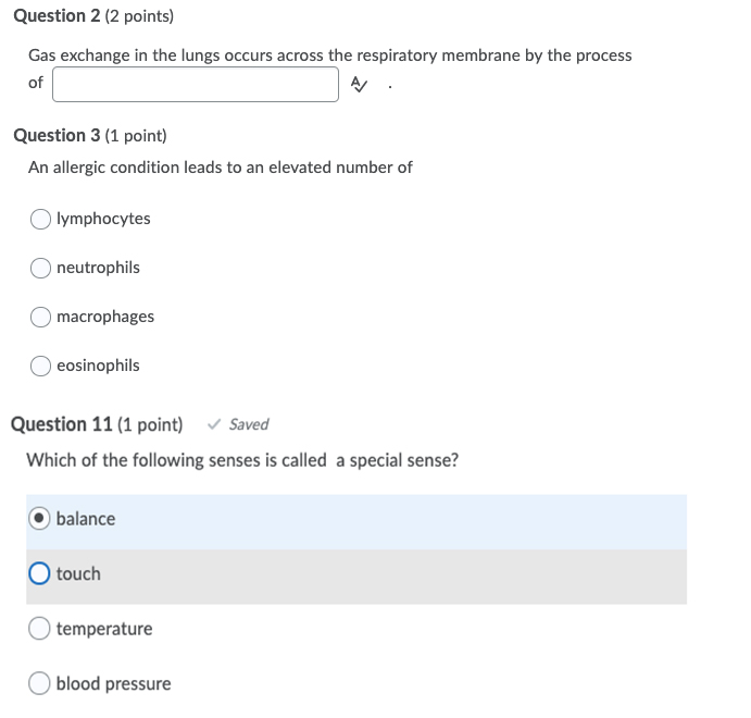 Solved Question 2 (2 points) Gas exchange in the lungs | Chegg.com